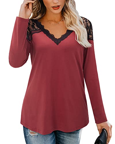 LAISHEN Women's V Neck Crochet Lace Trim Long Sleeve Casual Loose Blouses Tunic Tops(Red,M)