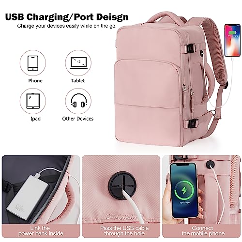 Rinlist Travel Backpack, TSA Friendly Carry-on Backpack Airline Approved Women Men, Anti-theft Hiking Gym Work Weekender Commuter Casual Daypack Bookbag, Personal Item Bag, Pink