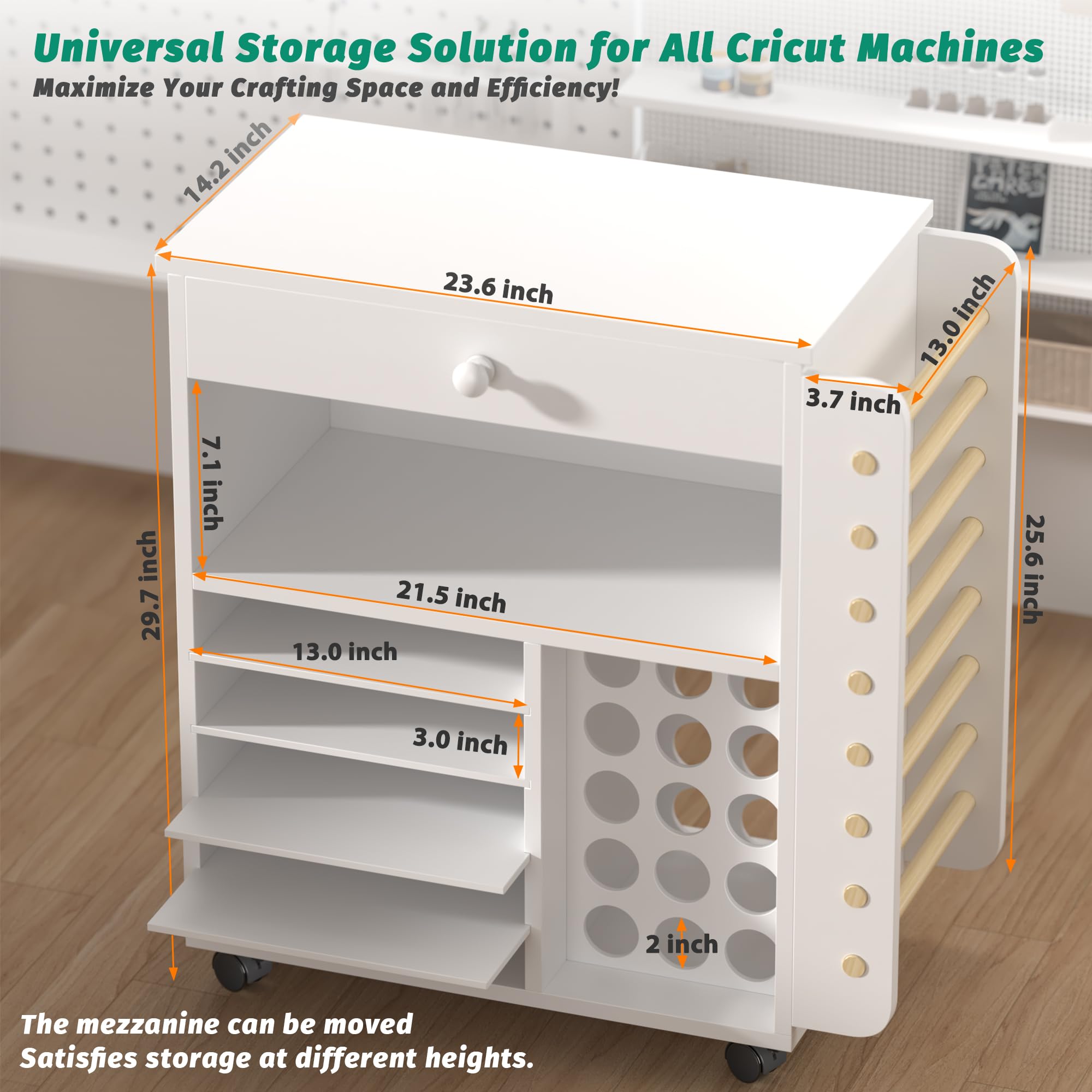 Craft Organization and Storage Cart Compatible with Cricut Machines, Featuring Vinyl Roll Holder and Drawers, Rolling Craft Storage Cabinet and Workstation for Craft Room and Home
