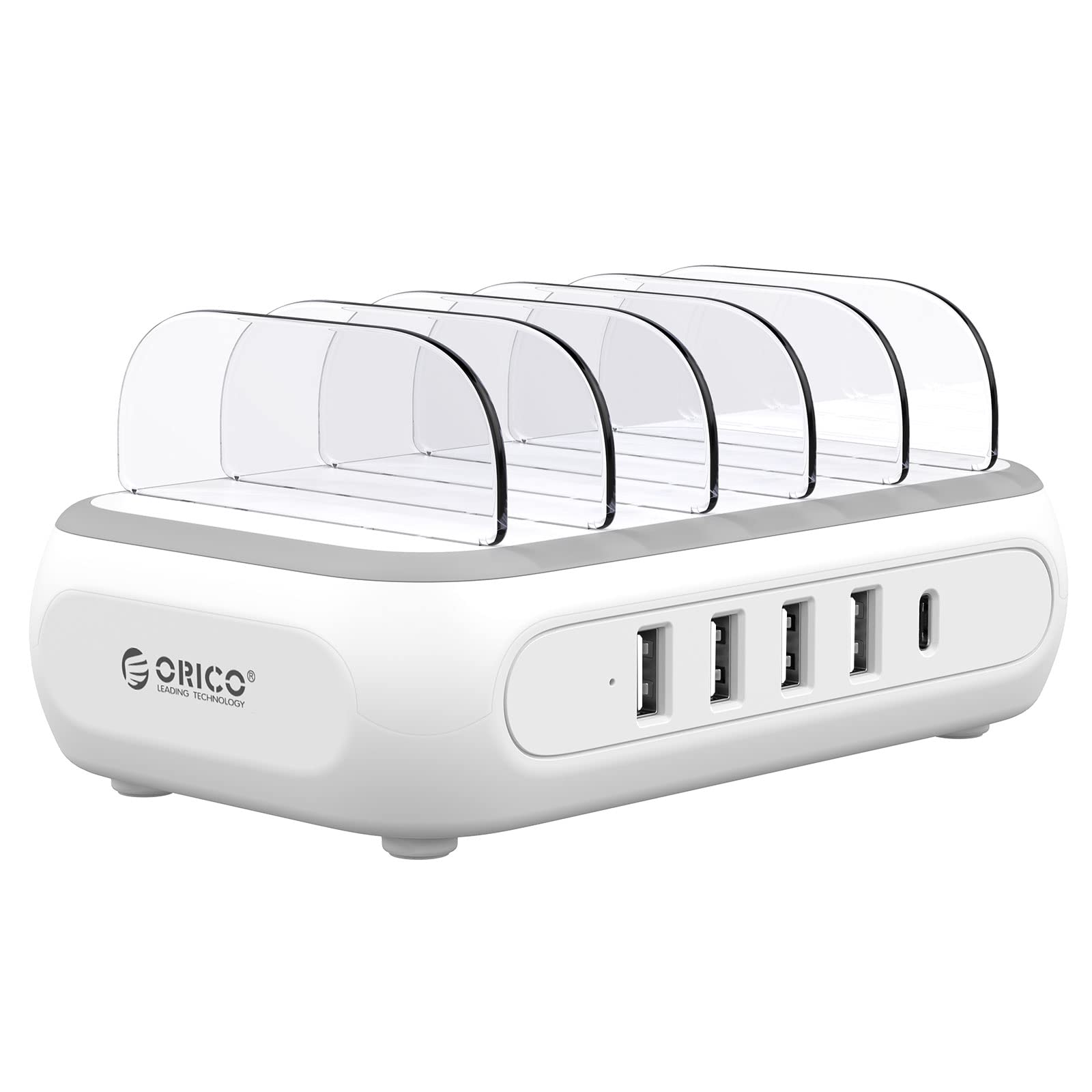 Charging Station for Multiple Devices, ORICO 5 USB Port 50W Fast Charging Dock PD 20W USB C Charger Station with Detachable Dividers,Compatible with iPhone,iPad,Samsung,Android and Tablet (White)