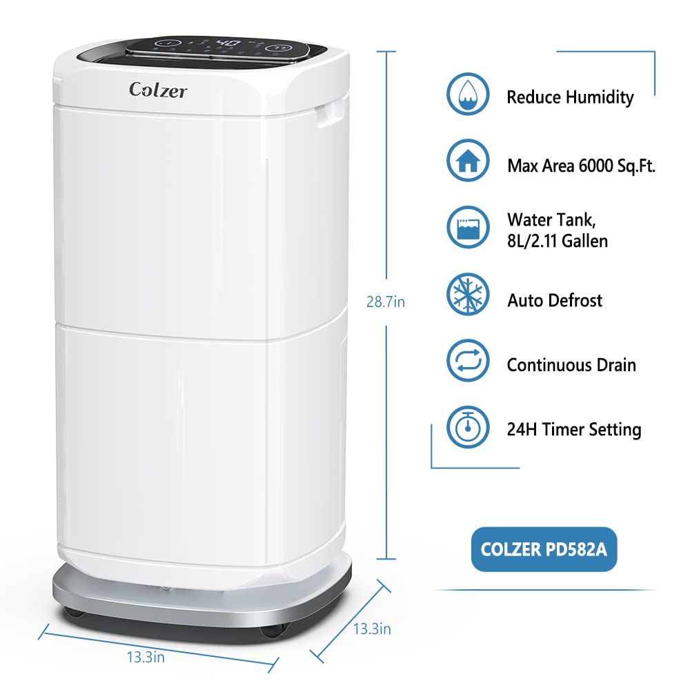 COLZER 140 Pints Commercial Dehumidifier for 6,000 Sq Ft Basements and Large Rooms with Continuous Drain Hose, 2.1 Gallons Water Tank, Advanced Touchpad Control Panel1