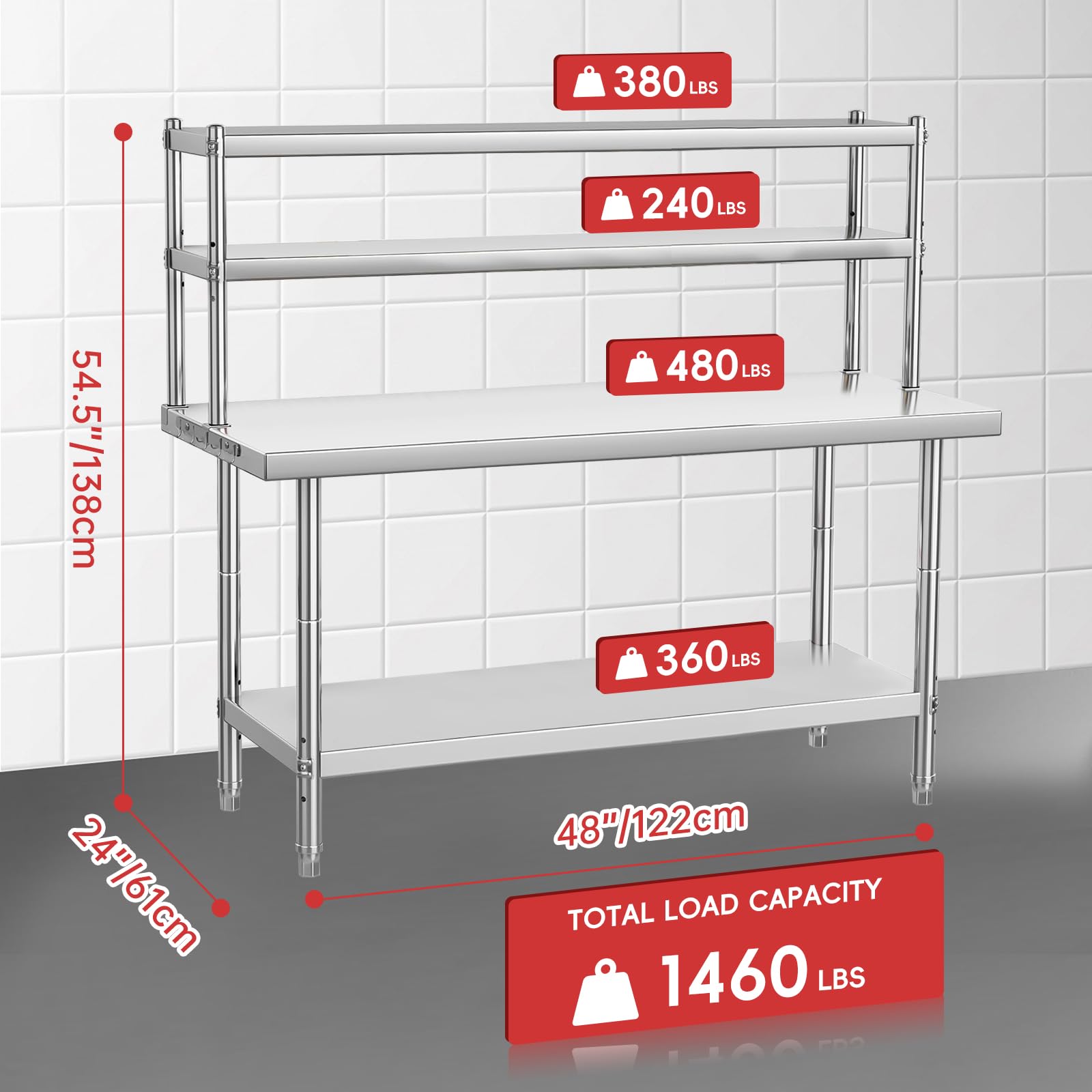 Garvee Stainless Steel Table with Overshelves, 36" X 24" Commercial Work Table with 36" X 12" Shelf, Metal Kitchen Prep Table & Shelving Combo
