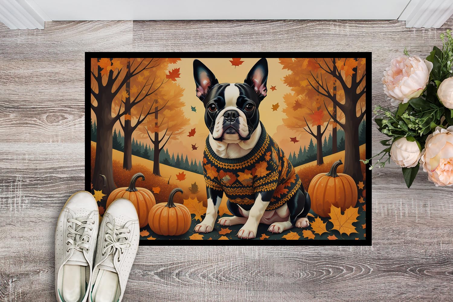 Caroline's Treasures DAC1024MAT Boston Terrier Fall Doormat 18x27 Front Door Mat Indoor Outdoor Rugs for Entryway, Non Slip Washable Low Pile, 18H X 27W