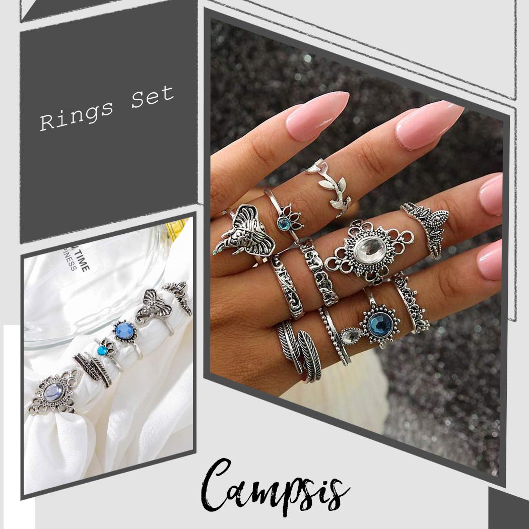 Campsis 12PCS Boho Crystal Ring Sets Knuckle Stacking Multi Size Rings Elephant Mid Ring for Women and Girls