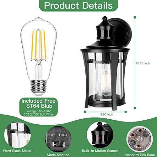 Dexnump Motion Sensor Outdoor Wall Light, Black Exterior Sconces Lighting with Bulb/ 3 Modes Dusk to Dawn, Anti-Rust Waterproof Front Porch Lights Fixture for Outside House, Patio