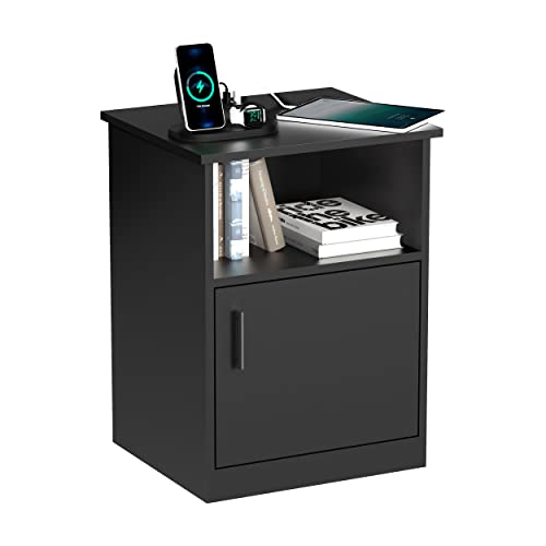 PrimeZone Modern Nightstand with 3 USB Ports - Waterproof Bedside Table with Cabinet & Open Storage, End Side Table Furniture for Bedroom, 16" D x 18" W x 24" H, Black