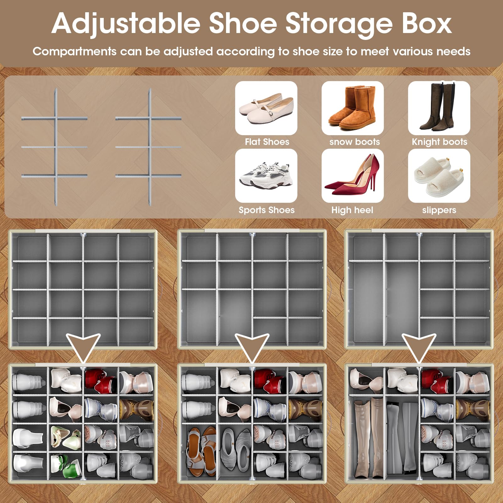 Gattlukd Shoe Organizer for Closet, Fits up to 16 Pairs, Large shoe box storage container with Clear Cover, Adjustable Dividers for Shoe Storage Bins, Space-Saving Shoe Rack, Gray