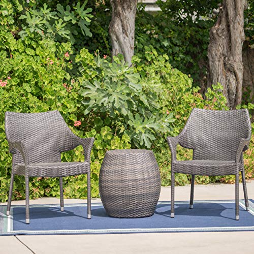 Christopher Knight Home Pierce Outdoor Wicker Stacking Chair Chat Set, 3-Pcs Set, Grey