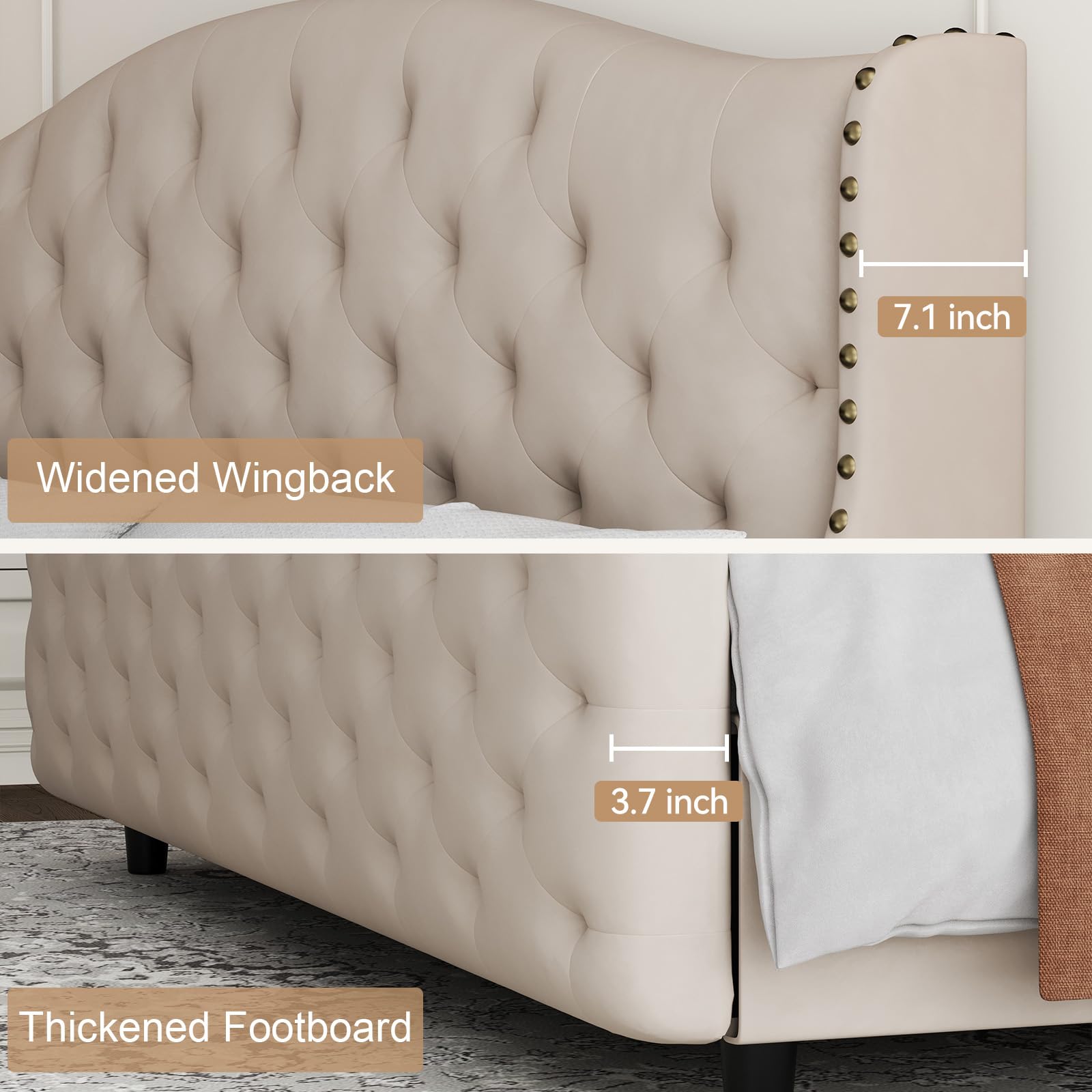 GarveeHome Queen Size Velvet Tufted Upholstered Platform Bed Frame with Raised Wing Back Headboard, Mattress Foundation and Wood Slat Support, No Box Spring Needed, Beige