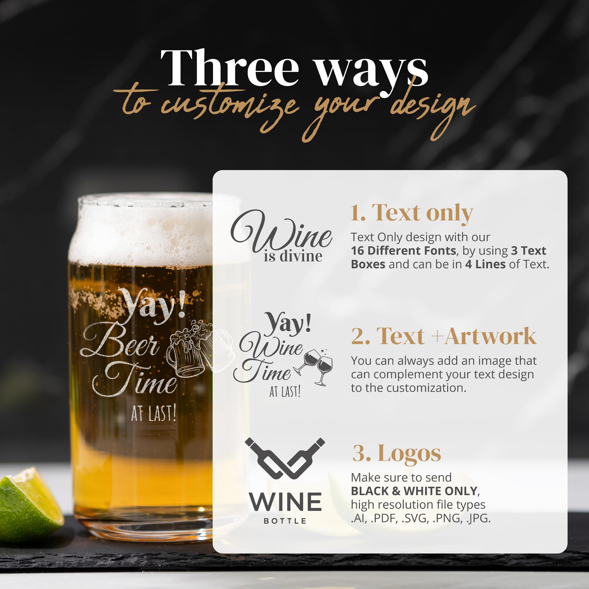 Custom 16oz Beer Can Glass with Your Custom Logo Design or Personalized Text - Permanent Laser Engraving - Wedding Favors, Corporate Gifts, Birthdays, Parties or Events
