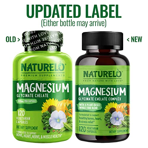NATURELO Magnesium Glycinate Chelate Complex - 200 mg Magnesium with Organic Vegetables to Support Sleep, Calm, Muscle Cramp & Stress Relief β Gluten Free, Non GMO - 120 Capsules