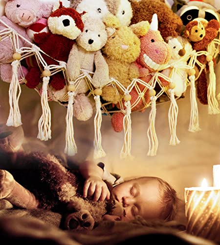 TCGPRO Stuffed Animal Storage - Stuffed Animal Hammock or Net Corner, Boho Stuffed Animal Holder with Tassels, Macrame Hanging Toy Organizer Ideas for Plush Display, Kids Room Bedroom Decor
