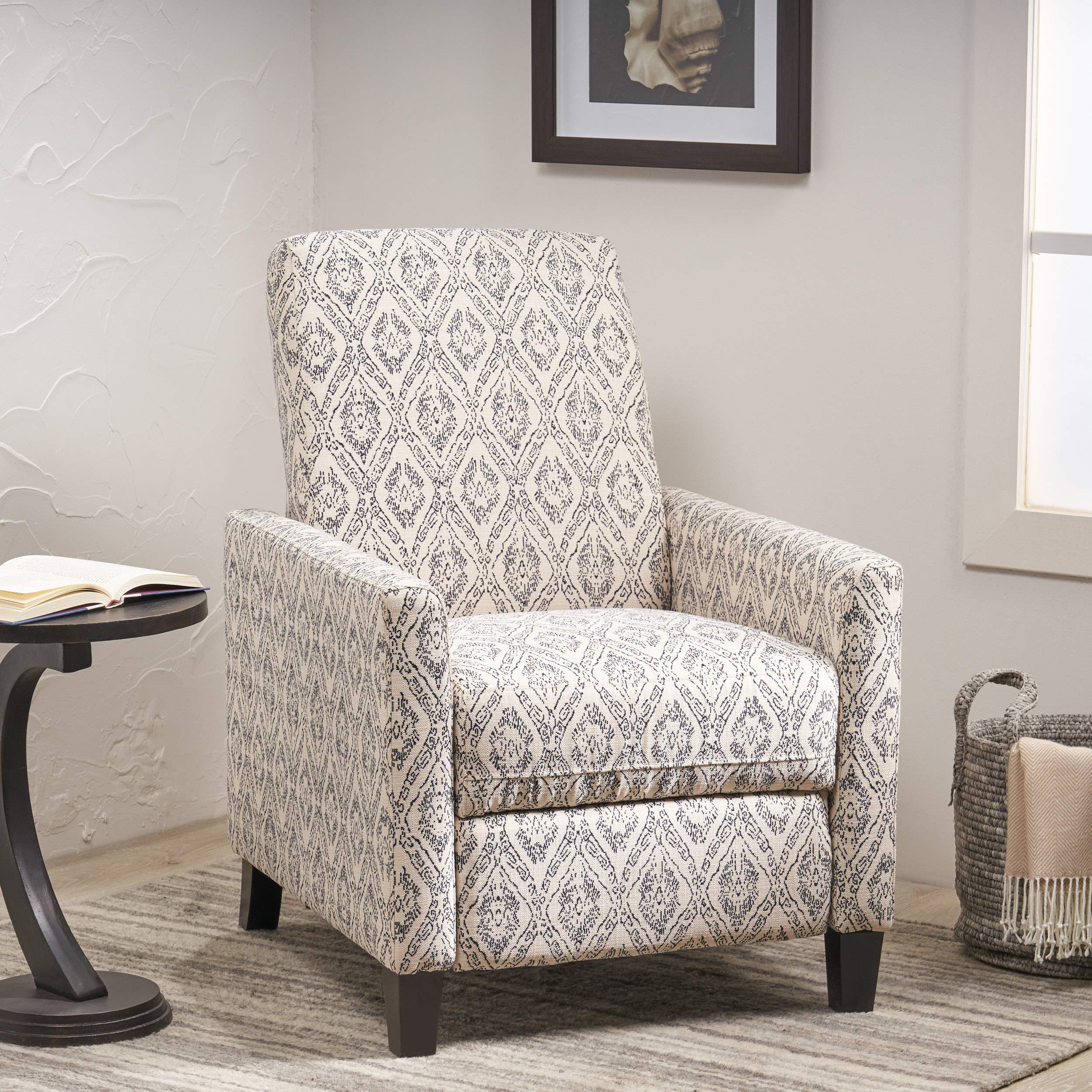 Christopher Knight Home Madeline Fabric Upholstered Push Back Recliner, Black Print, Espresso