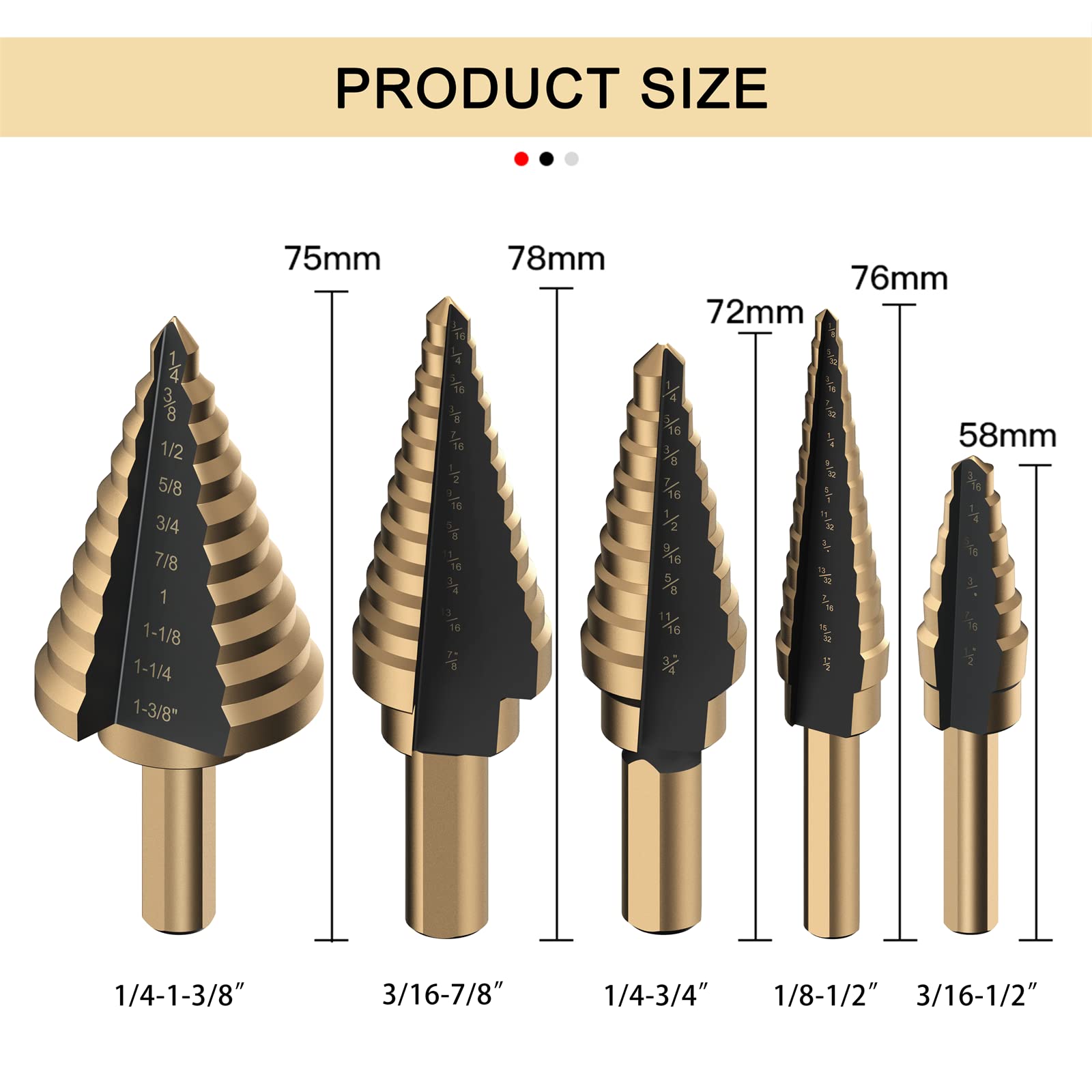 ENBMEI Step Drill Bit Set 5pcs 50 Sizes HSS Titanium Coated Step Drill, Automatic Center Punch 1Pcs, Multiple Hole Stepped up Bits for DIY Lovers