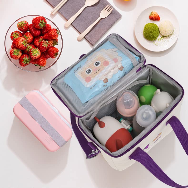 Kawaii Lunch Bag Cute Embroidery Lunch Box Reusable Thermal Cooler Lunch Tote Bag for Back to School Supplies (Pink)
