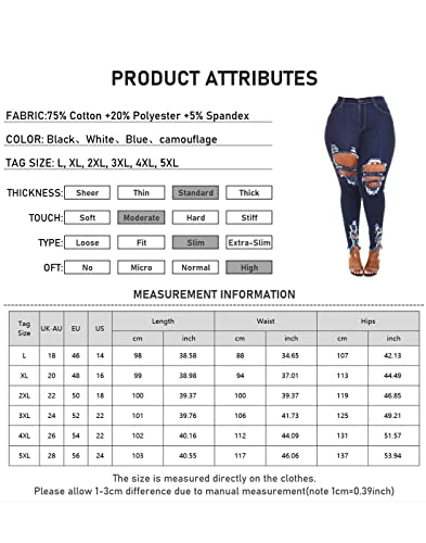 PYL Women Plus Size Denim Ripped Jeans, Distressed Skinny Stretchy White Jegging Pant (L-5XL)