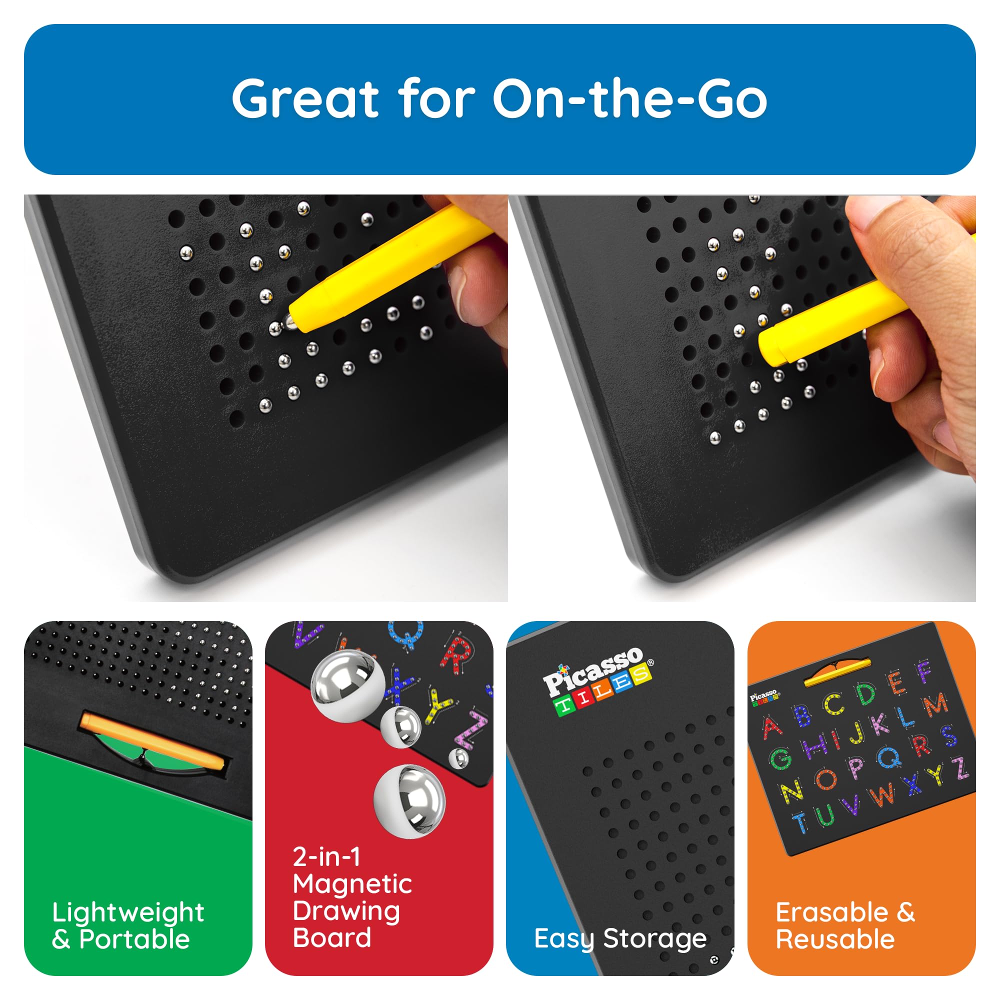 PicassoTiles 2-in-1 Magnetic Drawing Board Toy 12x10 inch Large Magnet Bead Tablet Pad with 2 Facings Alphabets STEM Educational Erasable & Reusable Learning Writing Playboard in Black PTB03