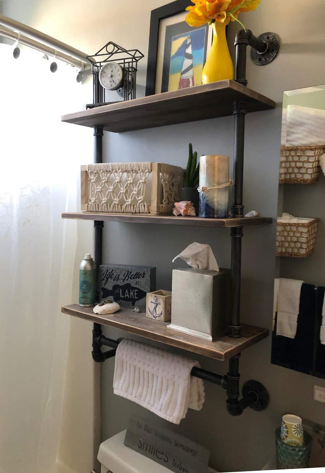 MIQ Industrial Pipe Shelf,Rustic Wall Shelf with Towel Bar,24" Towel Racks for Bathroom,3 Tiered Pipe Shelves Wood Shelf Shelving âŚ