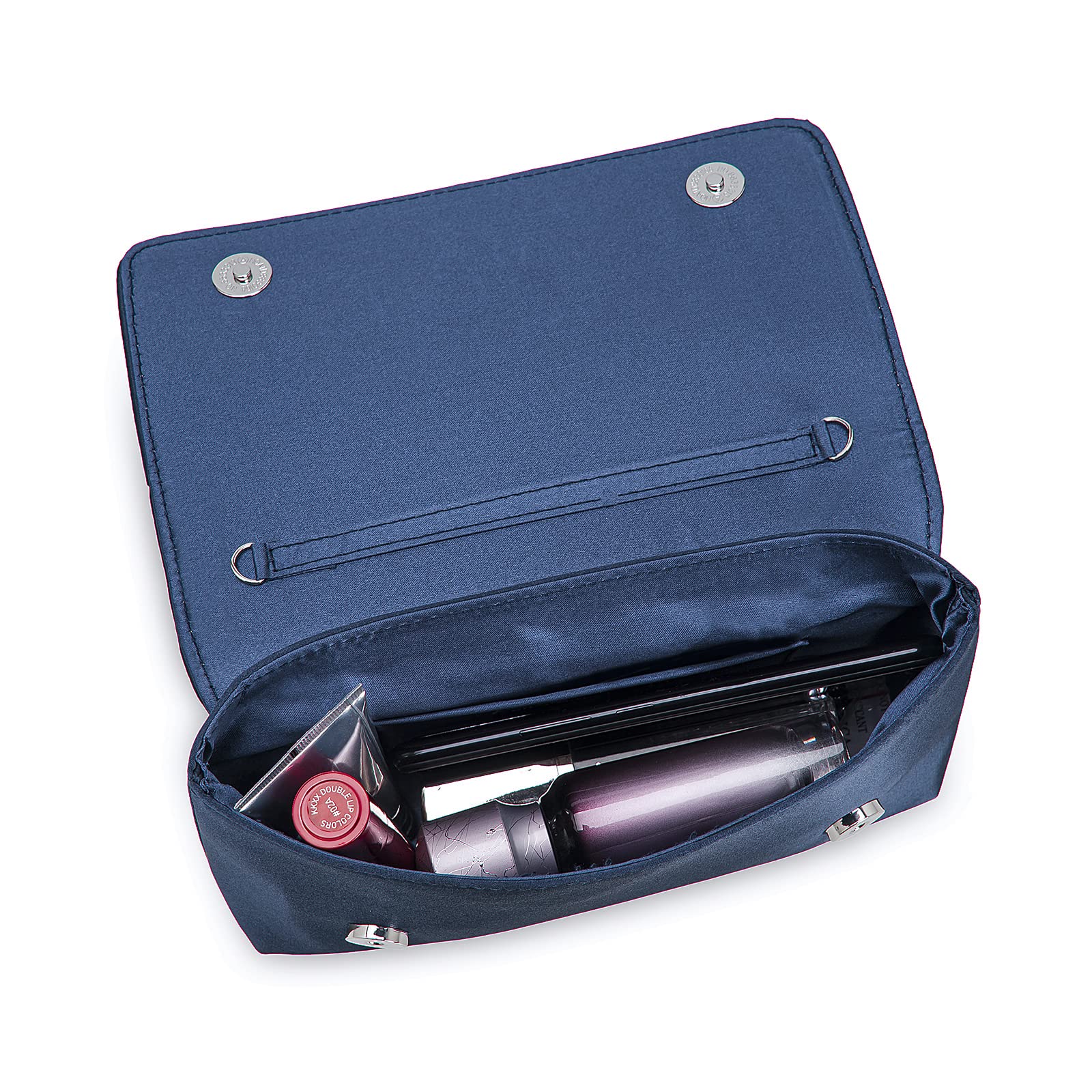 CHARMING TAILOR Evening Bag for Women Pleated Flap Satin Formal Purse Diamantes Brooch Embellished Clutch (Navy)