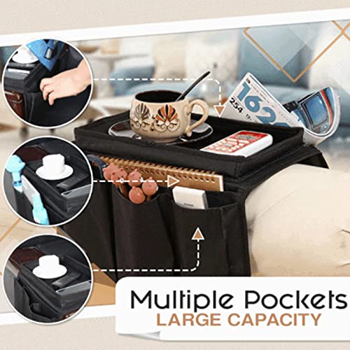 RNCOZE 2PCS Sofa Armrest Organizer with 5 Pockets, Hanging Couch TV Remote Storage Organizer with Cup Holder Tray, Sofa Slipcover Organizer Sofa Couch Armchair Caddy Holder (Black)