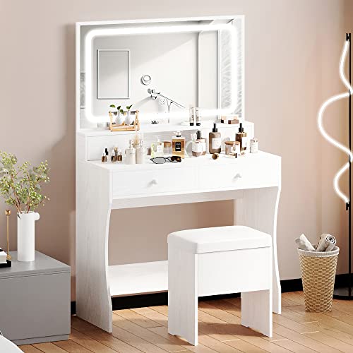 IRONCK Vanity Desk Set with LED Lighted Mirror & Power Outlet, Makeup Vanity Table with 4 Drawers,Storage Stool,for Bedroom, Bathroom, White