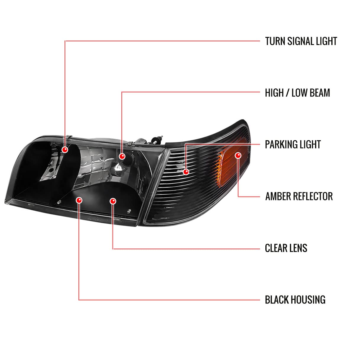 Carpartsinnovate For 98-11 Ford Crown Victoria Black Headlights+Corner Turn Signal Lamps Left+Right