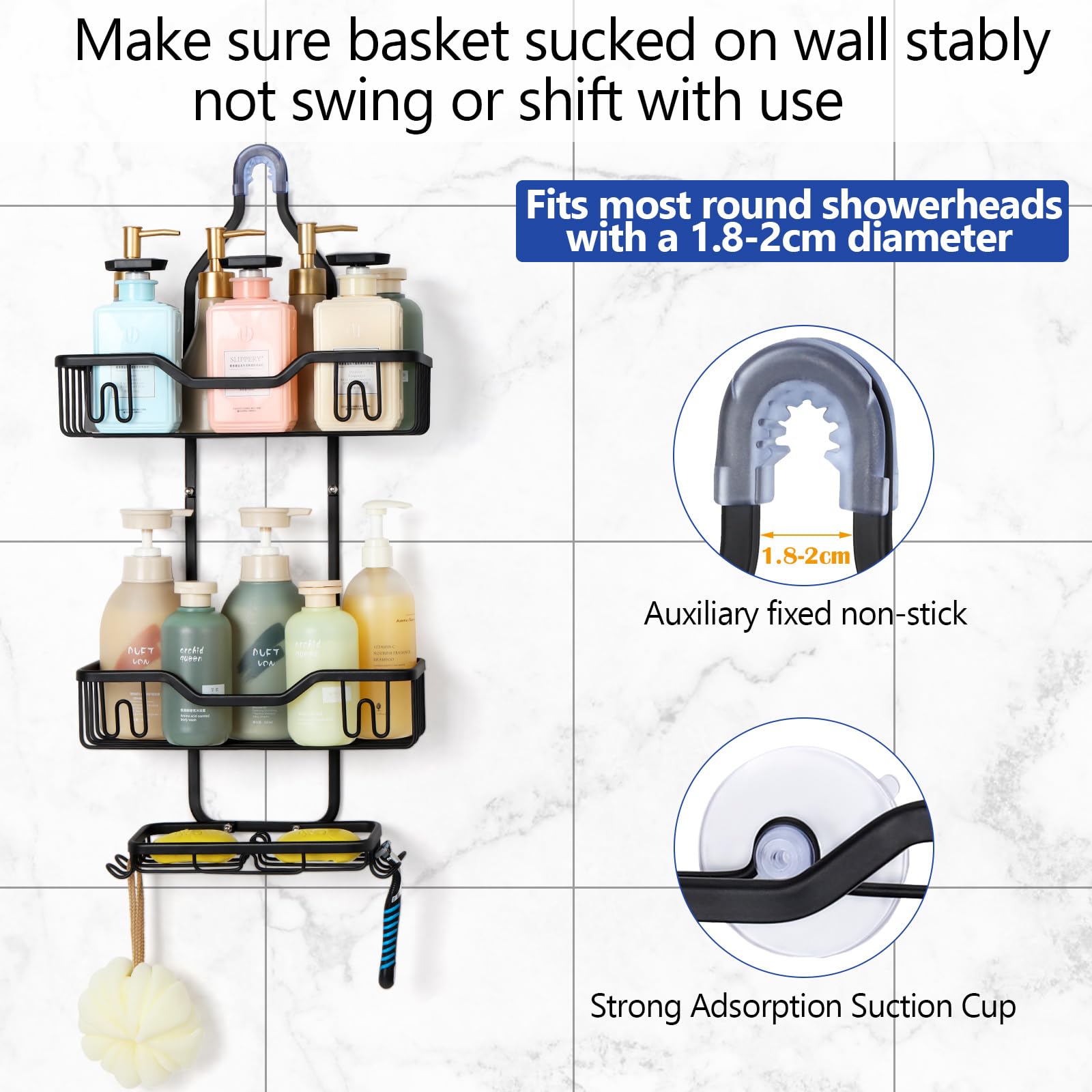 HEOMU Bathroom Hanging Shower Caddy, Shower Organizer Shelves with 4 Hooks, Rustproof & Waterproof Shower Storage Rack for Shampoo, Conditioner, Soap, Bath Sponge, Silver