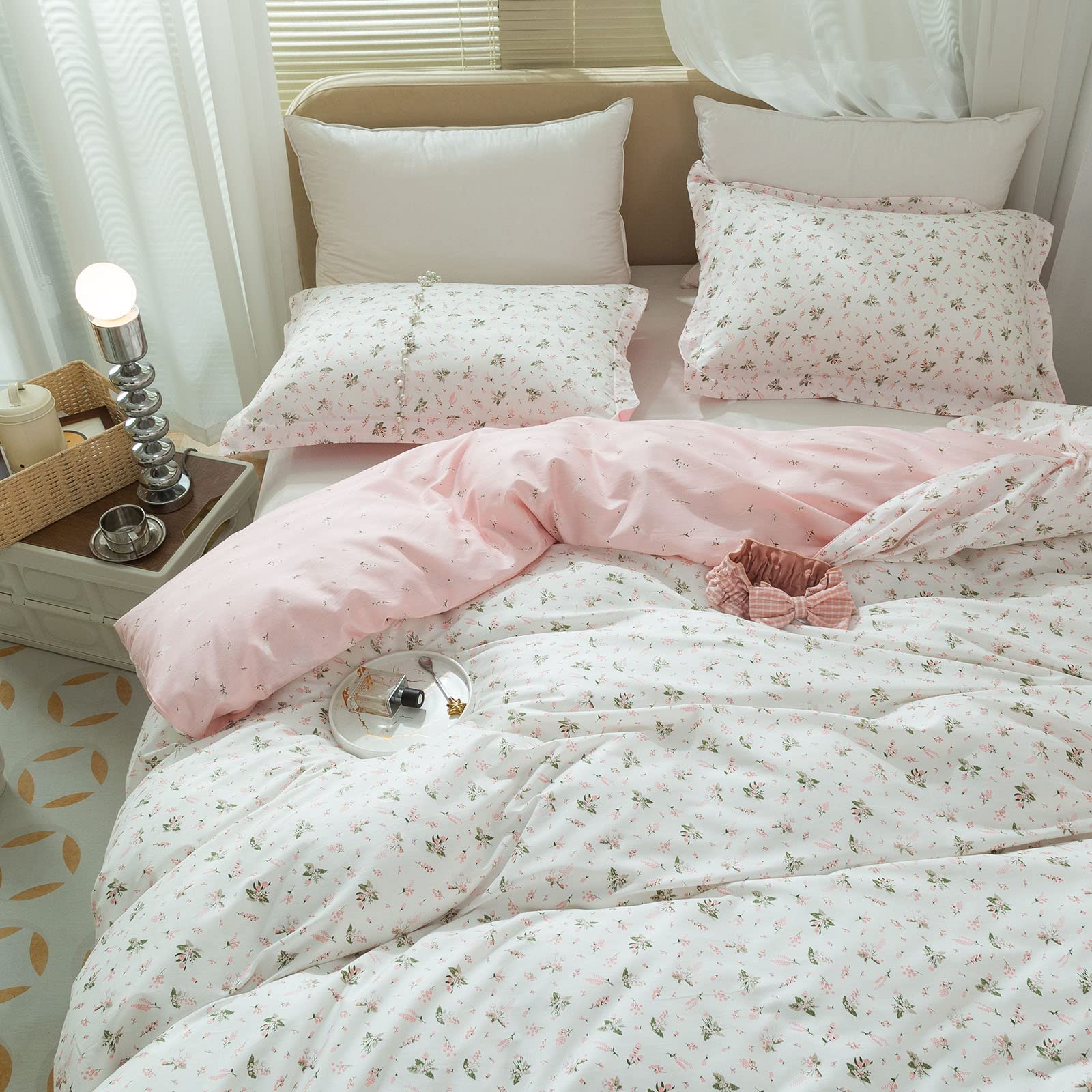 LifeTB 4 PCS Chic Garden Floral Duvet Cover Set【1 Queen Duvet Cover + 2 Standard Pillowcases + 1 Queen Fitted Sheet】