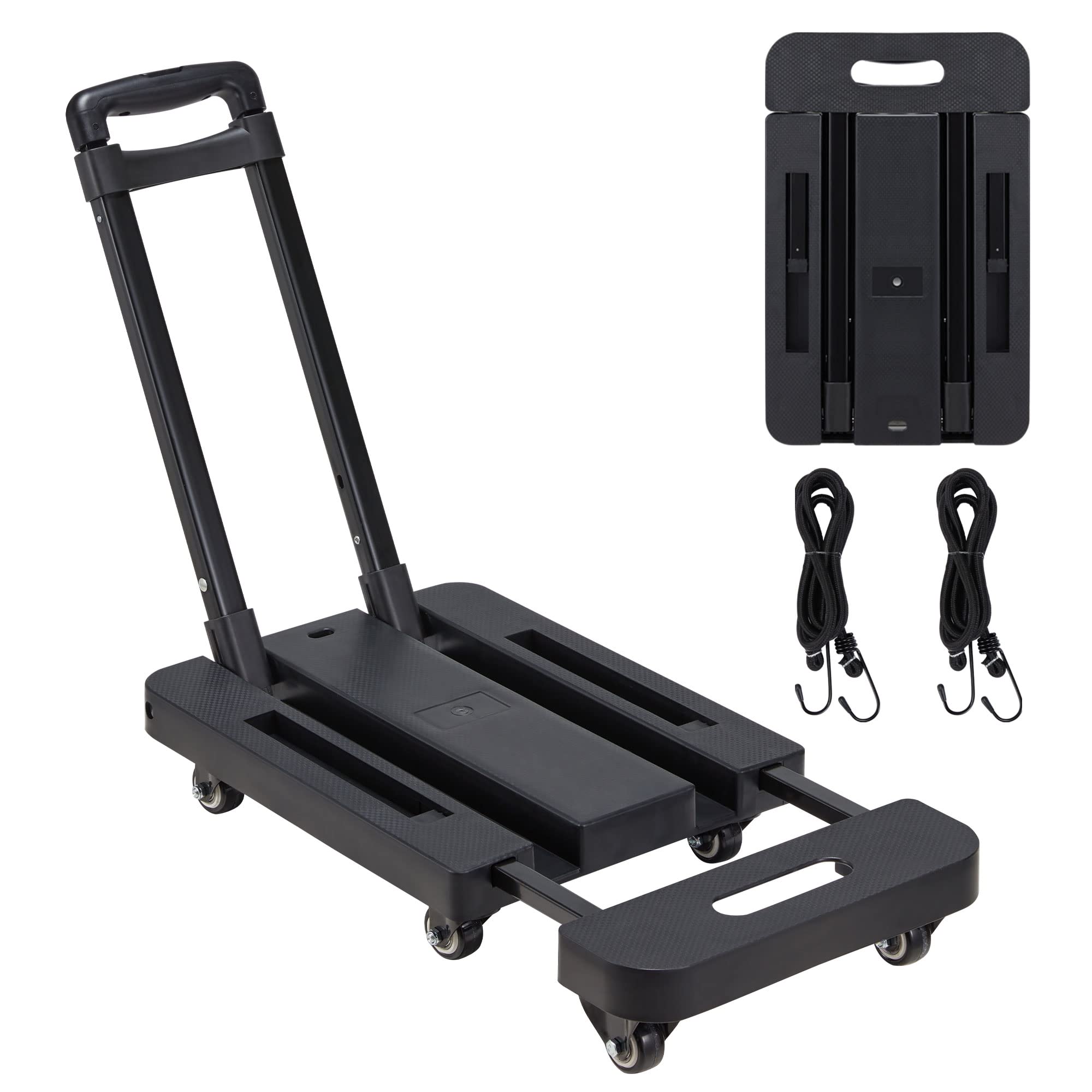 Outspurge Folding Hand Truck Dolly 600LB ,Portable Dolly for Heavy Duty Moving Luggage Carts with 6 Wheels Dolly with Handle 2 Elastic Rope for Travel, Moving, Shopping,Office Use