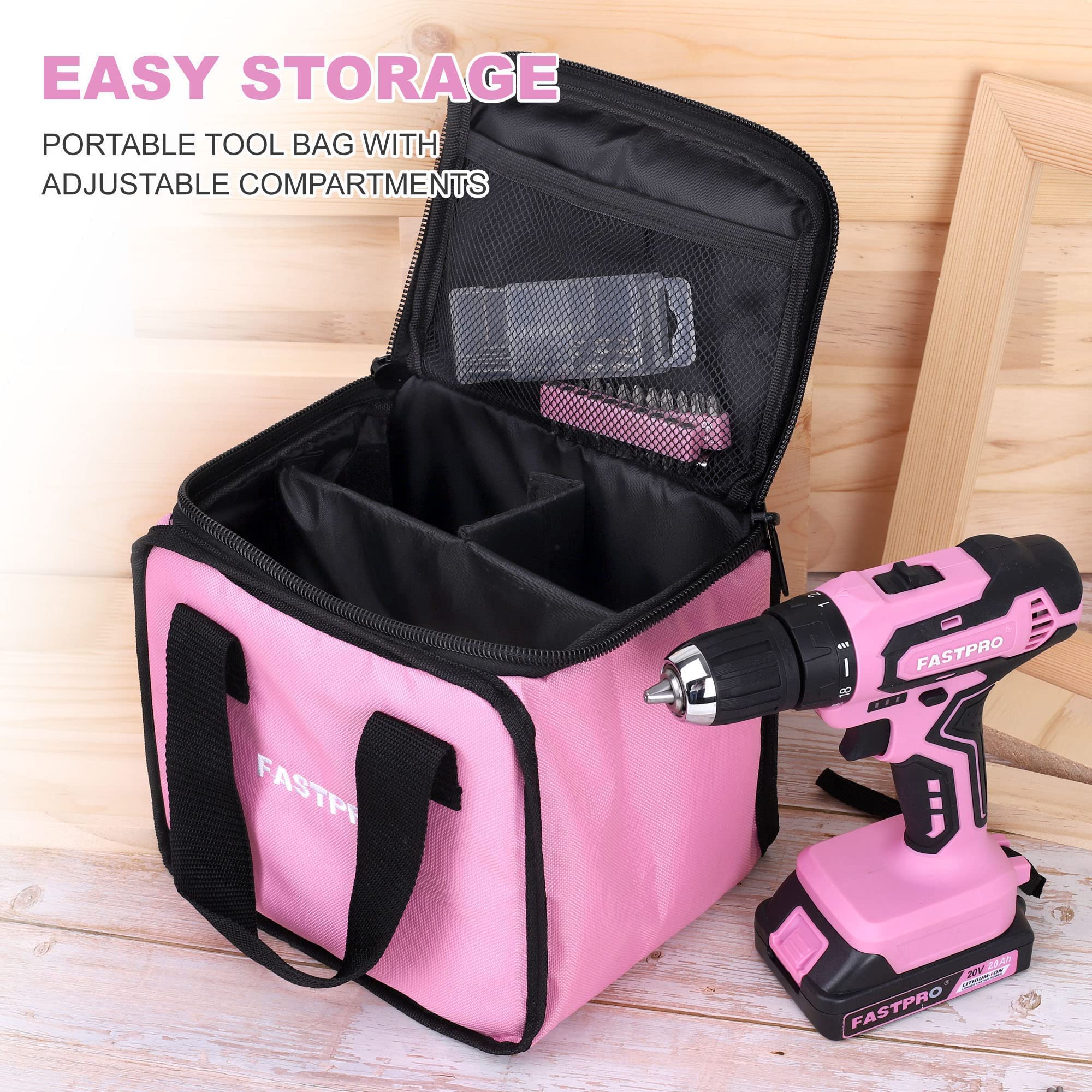 FASTPRO Pink Drill Set—20V Max Lithium-ion Cordless Drill Driver Set, 3/8 in. Drill Driver kit with One 1.5 Ah Batteries, Charger and Tool Bag