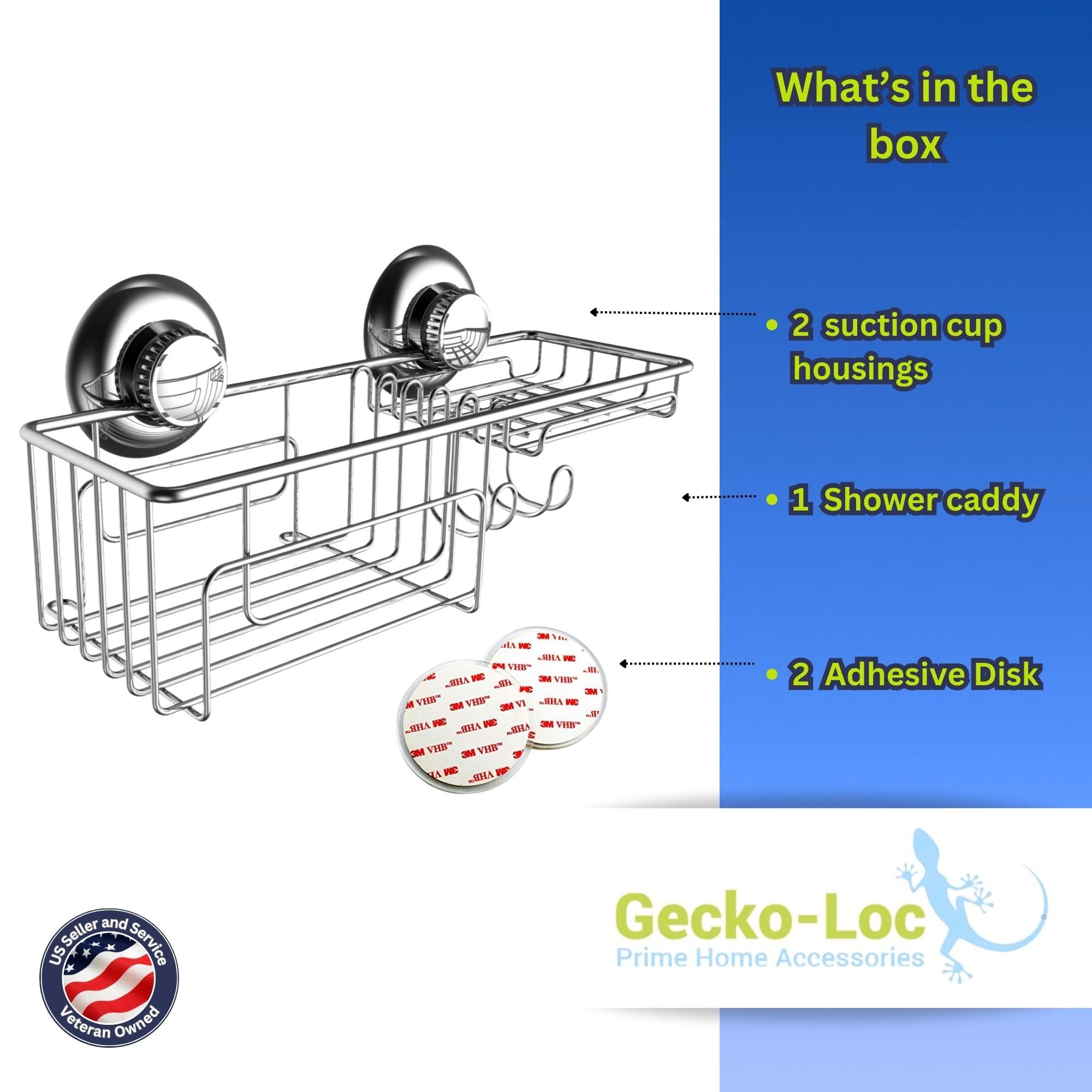 Gecko-Loc Large Combo suction cup wall mount bathroom shower caddy - shampoo storage basket shelf organizer caddie bath shelves - Silver
