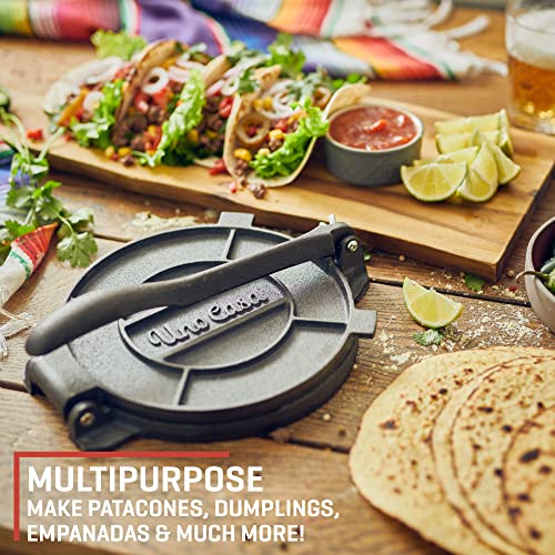 Uno Casa Cast Iron Tortilla Press - 8 Inch Tortilla Maker, Pre-Seasoned Roti Maker with 100 Pcs Parchment Paper, Heavy Duty Quesadilla Maker - Pataconera for Flour Tortilla, Tawa