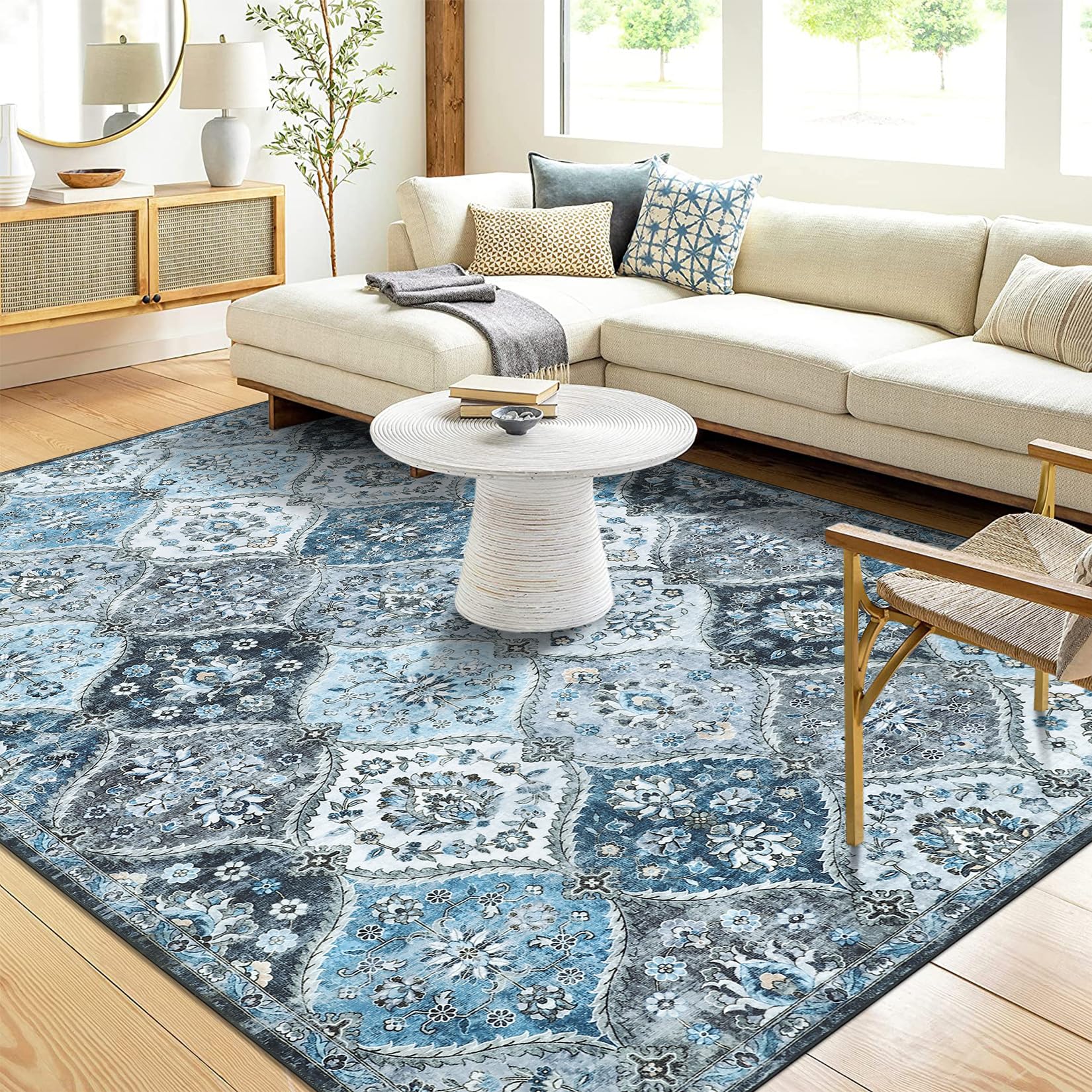 GarveeHome Washable Area Rug Moroccan Trellis Living Room Rug Non-Slip Stain Resistant Accent Rug Vintage Distressed Floral Floor Cover Carpet for Bedroom Laundry Room, 4' x 6', Blue/Grey
