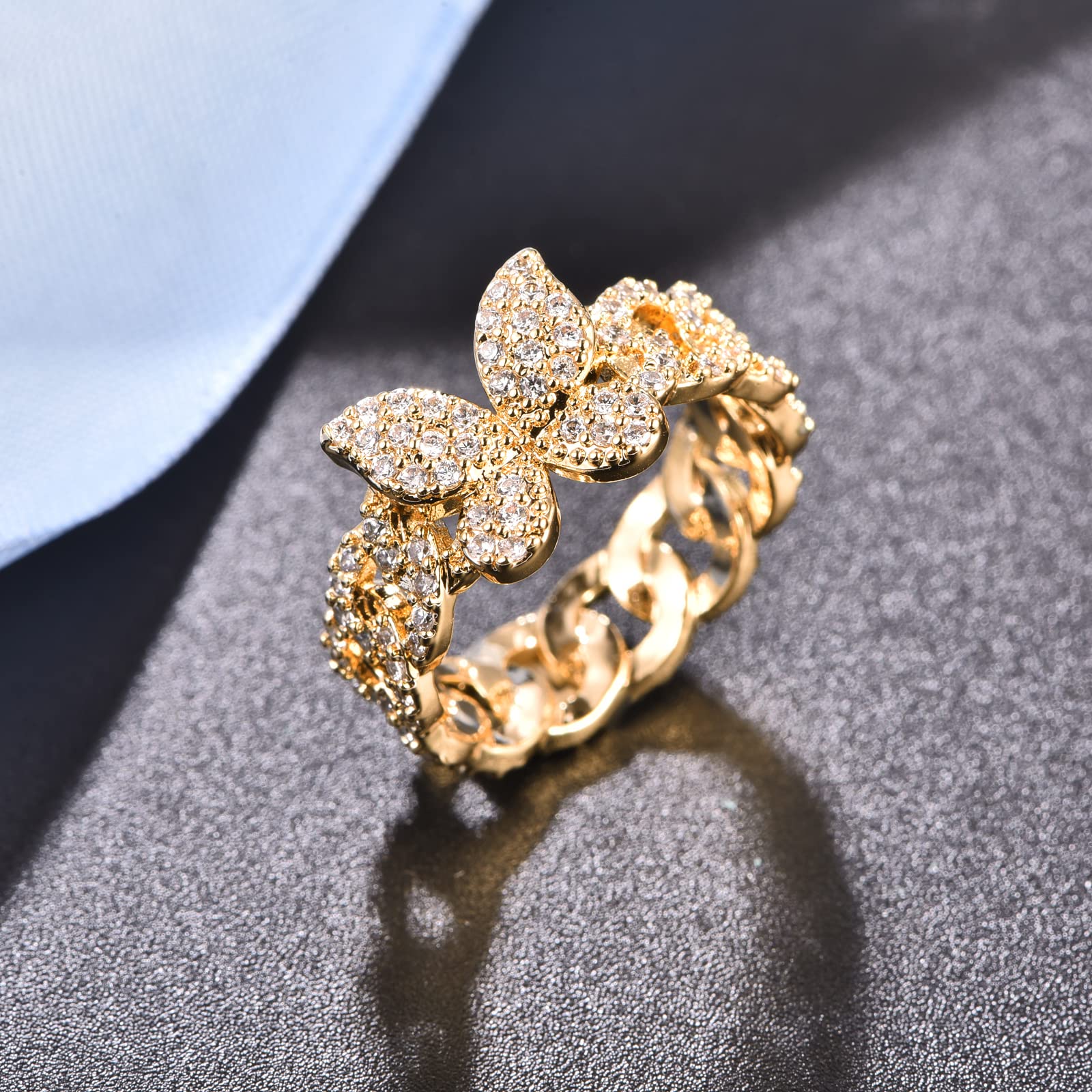 Butterfly Rings for Women 18K Gold Plated Cubic Zirconia Fashion Ring Gold Statement Chain Rings