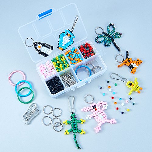 SUNNYCLUE 1 Box 1000+pcs DIY 10 Sets 4mm Seed Beads Kit Arts and Crafts for Include Keychain, Keyring & Lanyard Clips, Instruction Pony Beads Kit Christmas Gift Jewelry Making Paper Box Plastic Case