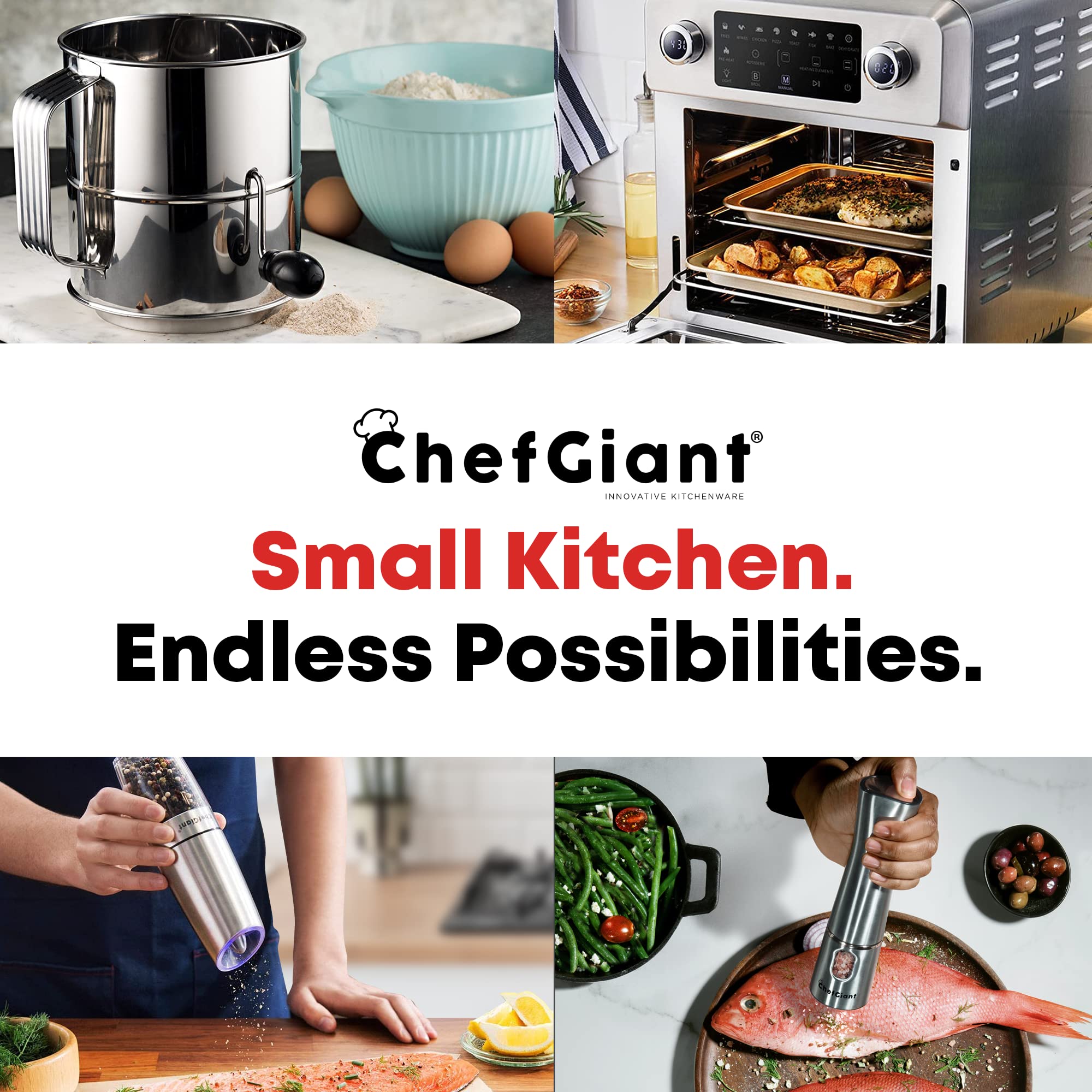 ChefGiant Electric Salt and Pepper Grinder Set - Rose Gold & Stainless Steel One Hand Operated Adjustable Coarseness Mill with LED Light, Batteries, Measuring Spoon & Brush