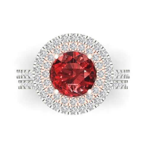 Clara Pucci 2.92ct Round Cut Halo Pave Solitaire Halo Accent Scarlet Red Garnet Statement Bridal Ring Band Set 14k White Rose Gold 6