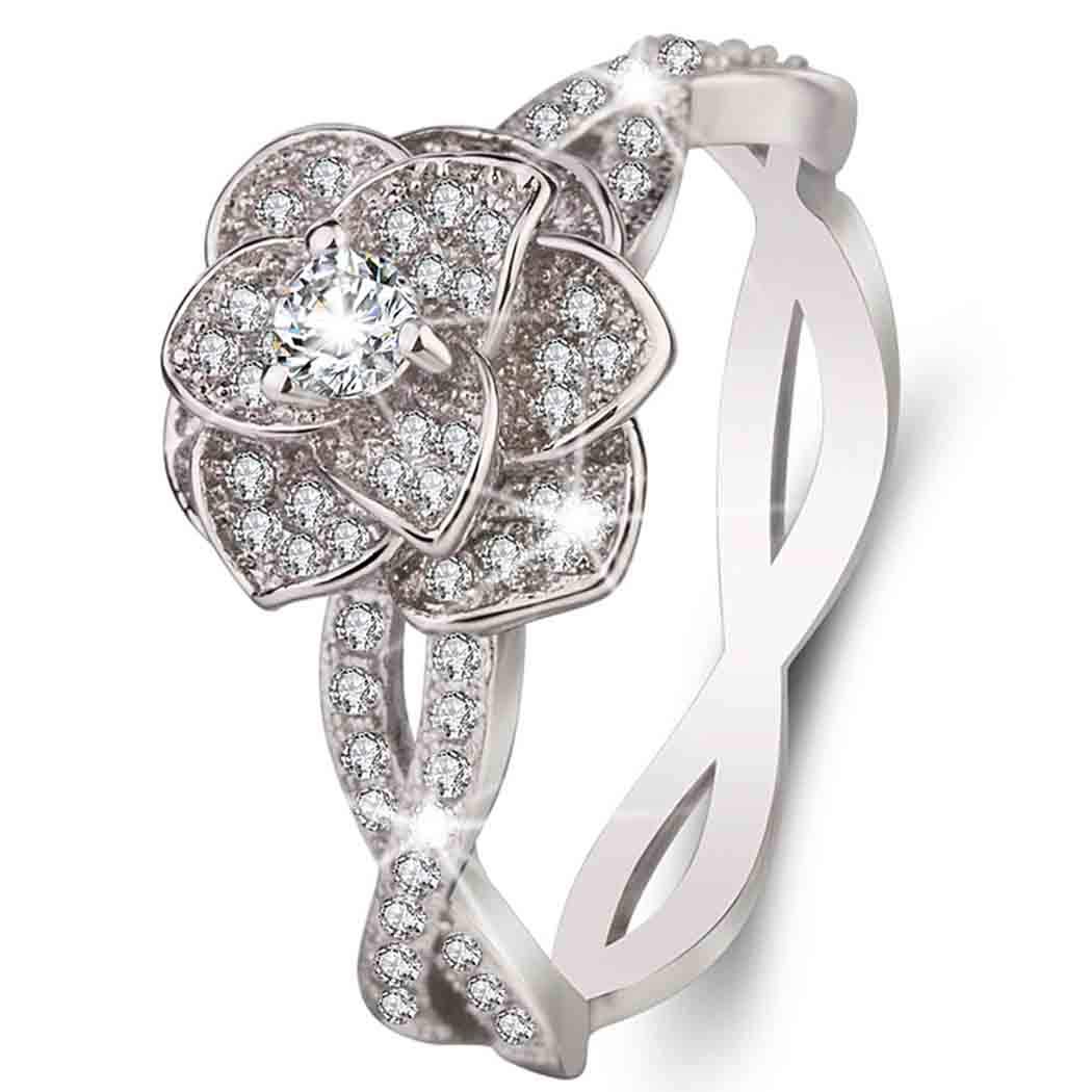 Brishow Silver Wedding Statement Ring CZ Simulated Diamond Rings Flower Band Engagement Bands for Women and Girls Size 6-10