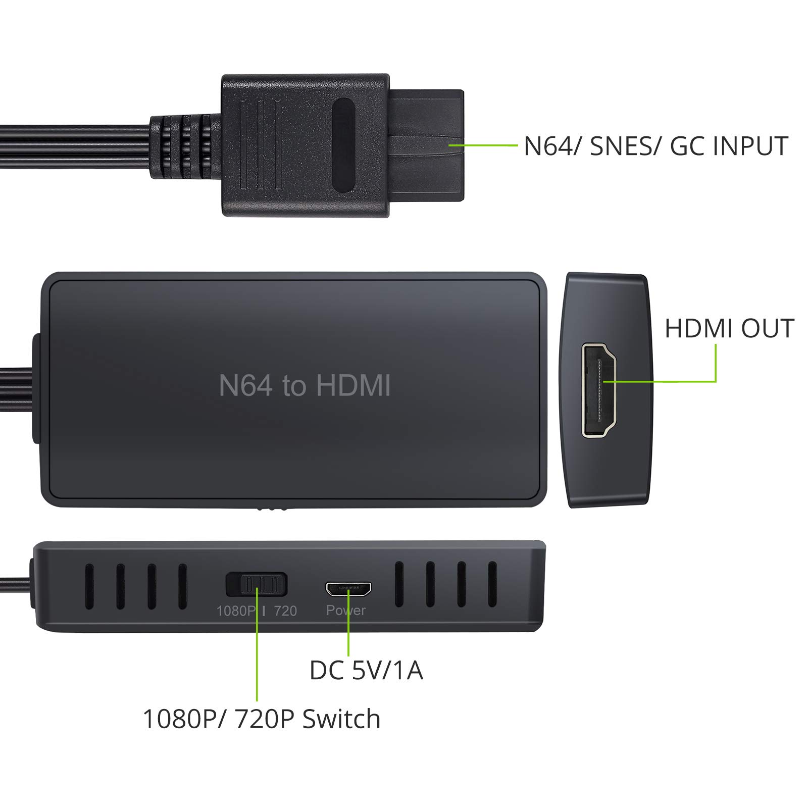 CAMWAY N64 To HDMI Converter Adapter,HD Link Cable for N64, Plug and Play, Support 1080P/720P for N64/GameCube/SNES, SNES To HDMI Cable, GameCube To HDMI