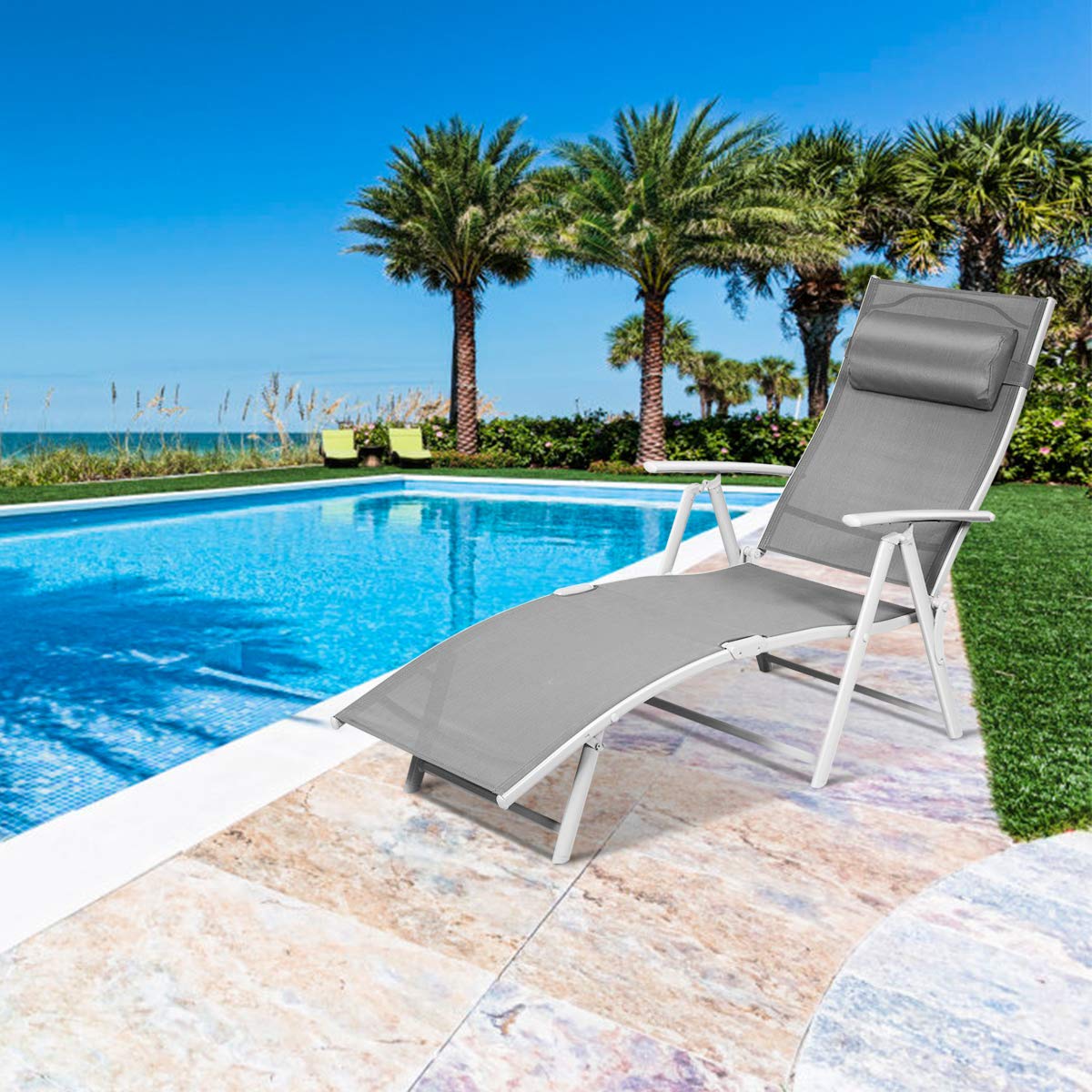 hysache Folding Lounge Chair, Patio Chaise Lounge w/Portable Design and 7 Adjustable Positions, Outdoor Lawn Chair w/Removable Cushion and Pillow for Yard, Poolside (Gray)