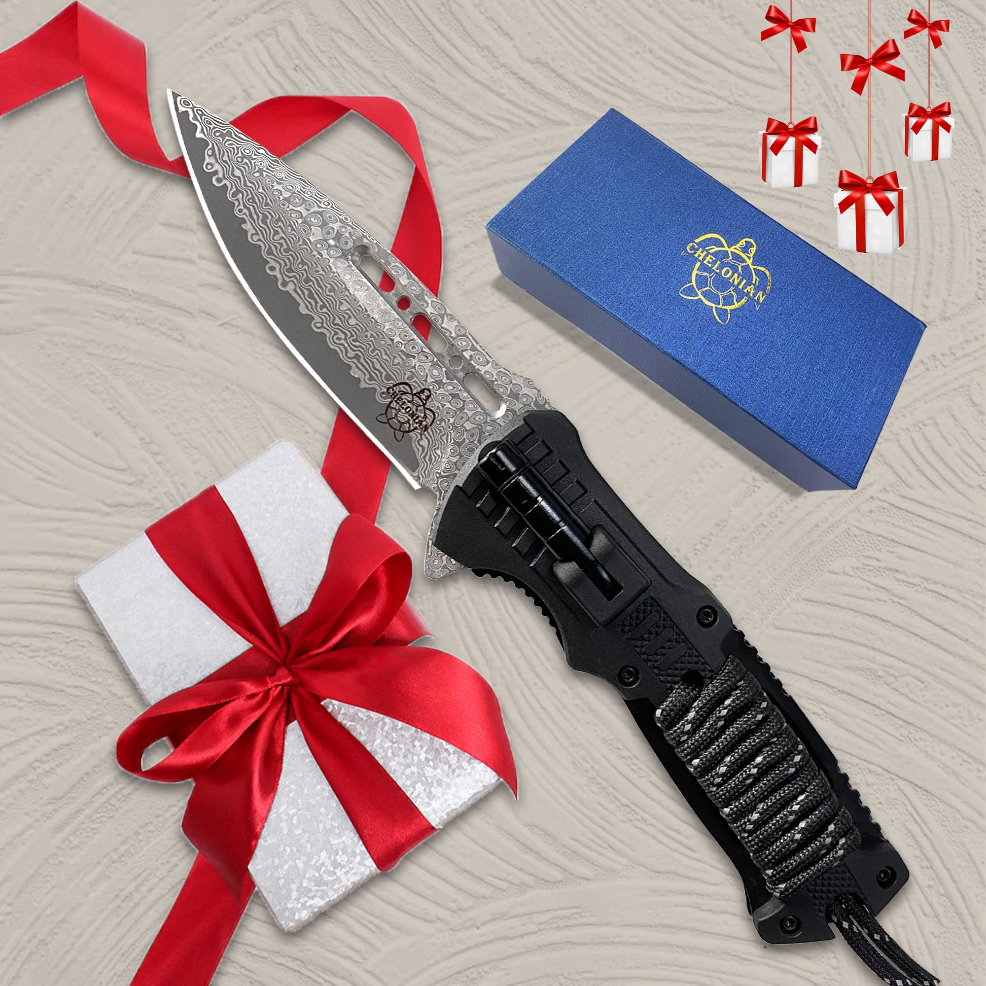 CHELONIAN Damascus Steel Hunting Folding Knives,Spring Assisted Pocket Knife with LED Light Magnesium Fire Starter Whistle (Black)