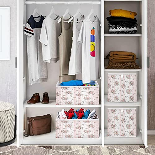 Kigai Beautiful Flowers Floral Bouquet Pink and White Stripes Foldable Storage Bins Cube, Closet Storage Baskets for Shelves Storage Box Open Storage Bins or Nursery Shelf, Closet, Office 11x11x11in