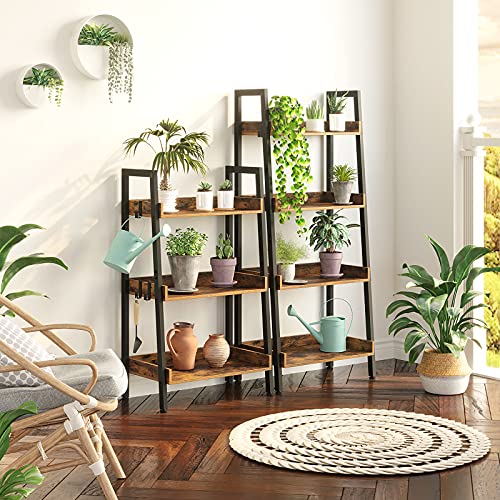 Rolanstar Bookshelf, 4 Tier Ladder Bookshelf with 3 Hooks, Industrial Bookcases, Freestanding Display Plant Shelves with Metal Frame for Living Room, Rustic Brown