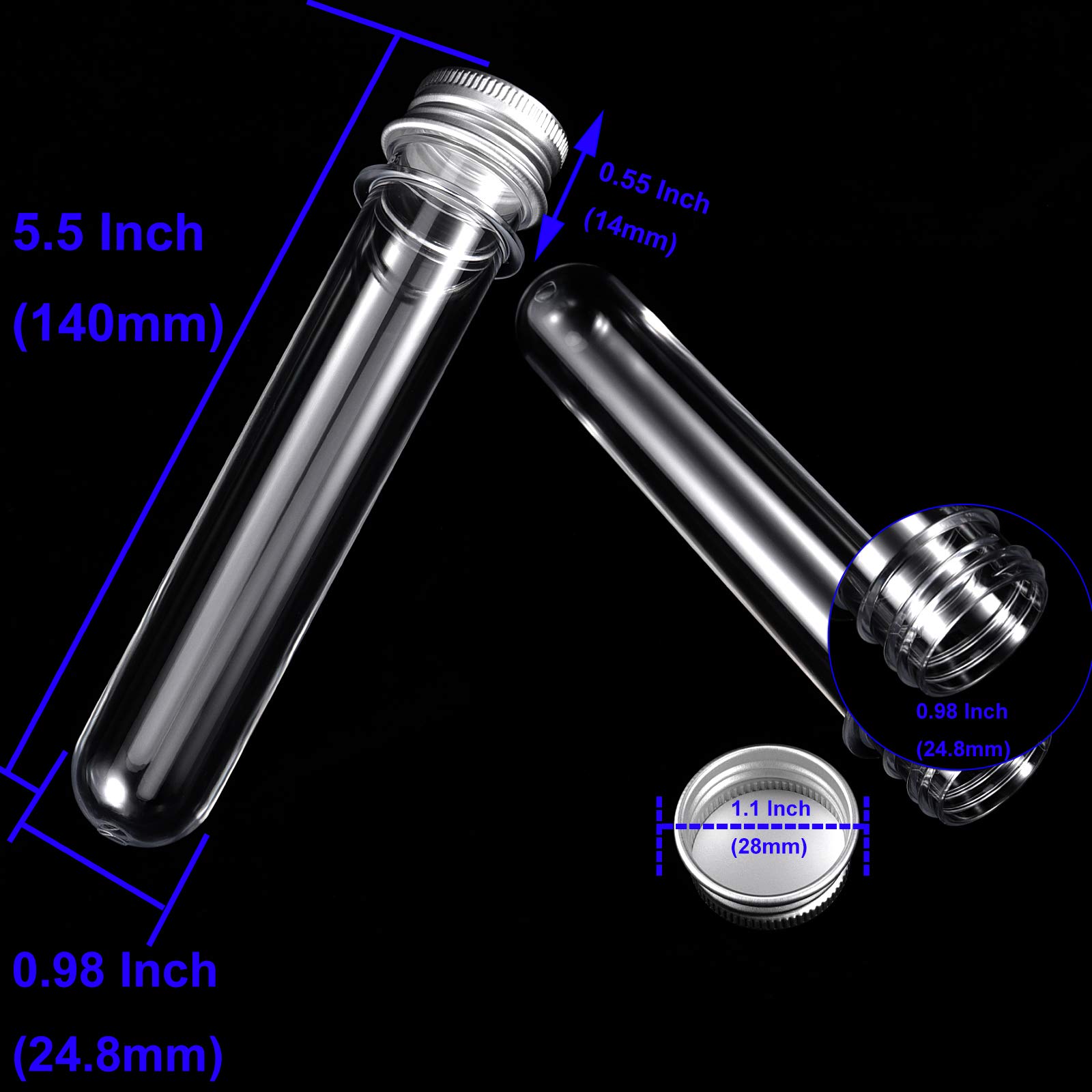 KOHAND 50 PCS 140 x 25mm Clear Test Tubes with Screw Caps, 40ml Plastic Test Tube with Aluminum Covers for Sample Christmas Candy Bath Salt Science Party Favors