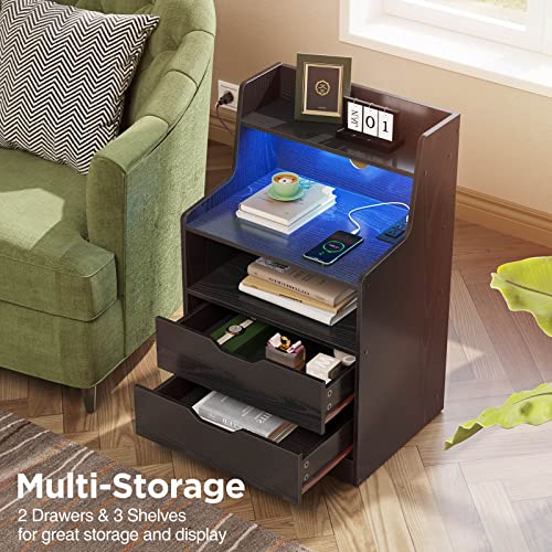 Rolanstar Nightstand with Charging Station and LED Lights, 2 AC and USB Power Outlets, Night Stand with 2 Drawers and Storage Shelves, Bedside Table for Bedroom - Black
