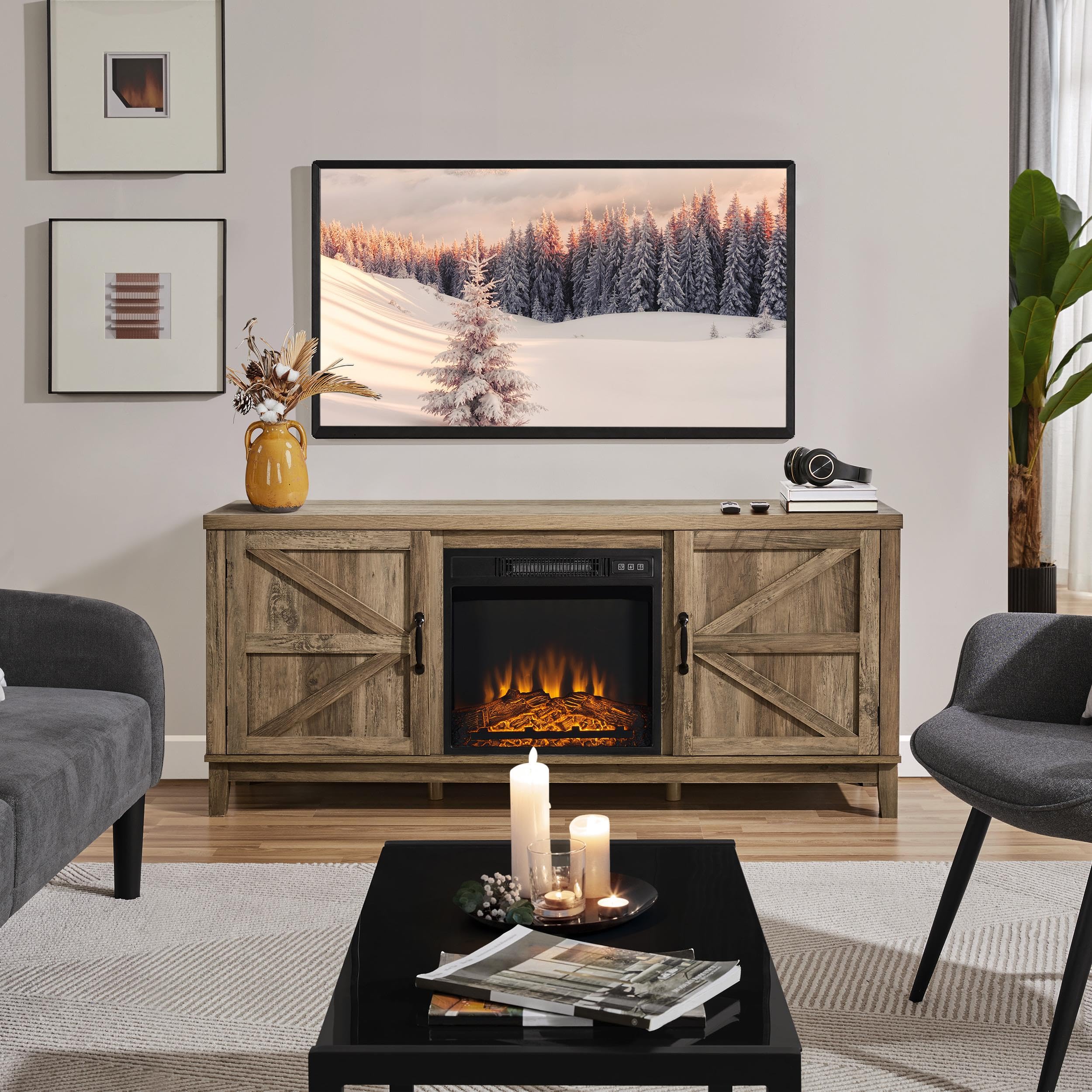 Yaheetech TV Stand Entertainment Center for 55 65 Inch TV, Farmhouse Storage TV Console Cabinet with Barn Doors for Living Room, Rustic Oak