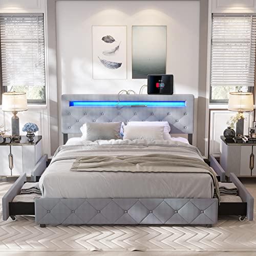 HOMFAMILIA Queen LED Bed Frame with 4 Storage Drawers and 2 USB Ports, Modern Adjustable Upholstered Button Tufted Headboard, Solid Wooden Slat Support, No Box Spring Needed(Light Grey)