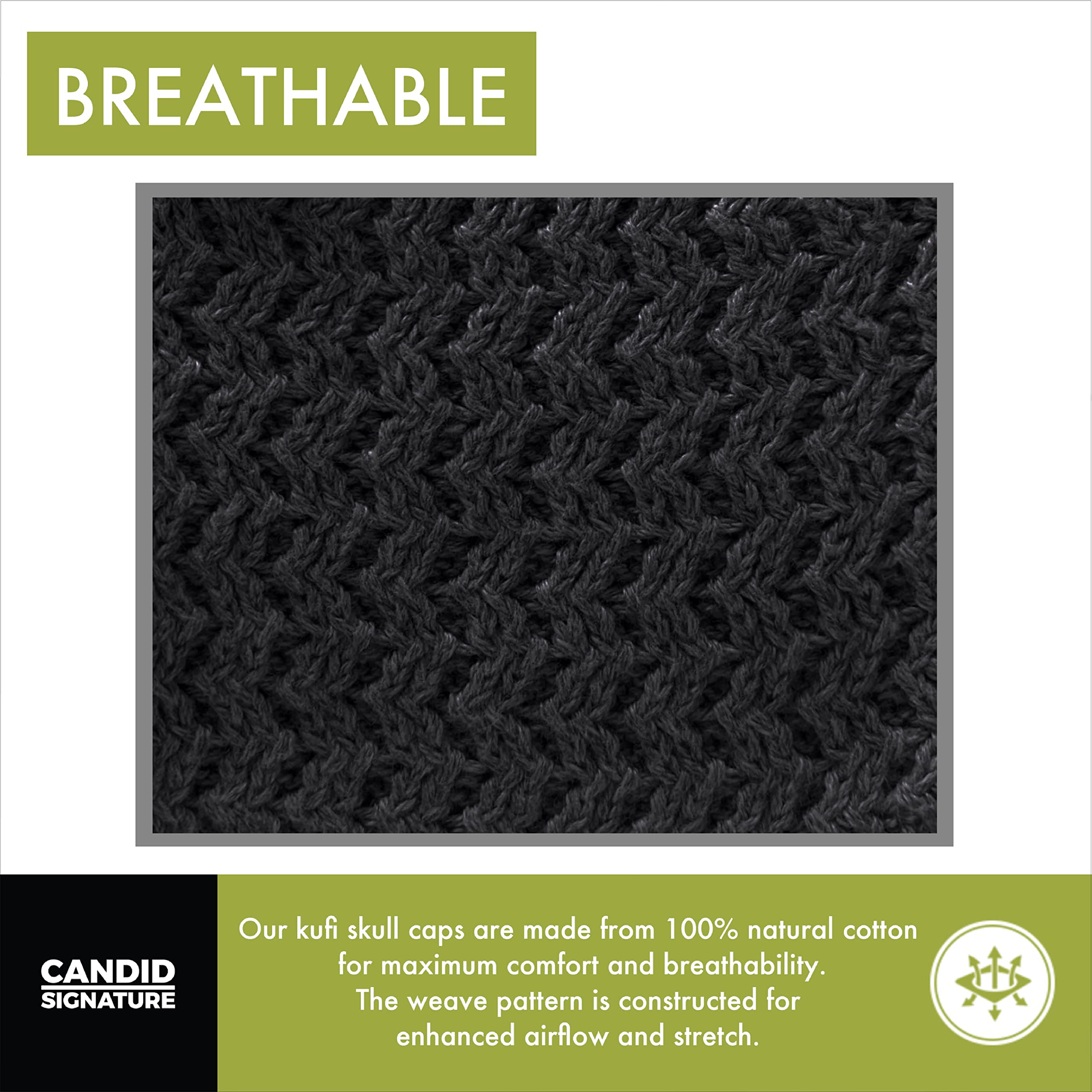 Candid Signature Apparel Skull Caps for Men & Women with Zigzag Knit | 100% Breathable Cotton Beanie Kufi Skully Caps (Black (Zigzag))