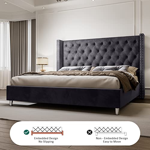 PaPaJet Tufted Upholstered Platform Bed Frame King Size Velvet Low Profile Platform Beds Raised Wingback Headboard with Strong Wooden Slats/Mattress Foundation/Easy Assembly, Dark Grey