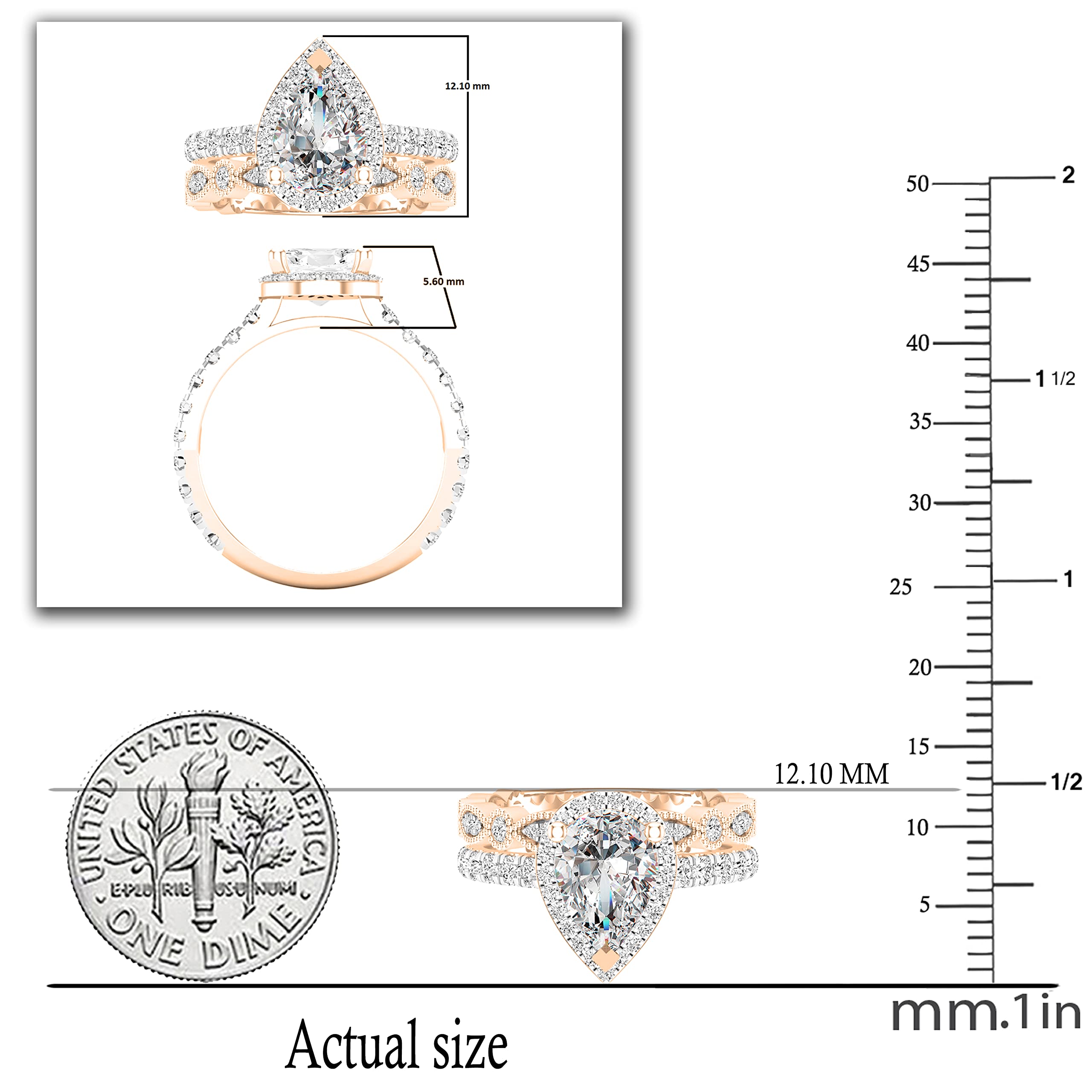 Dazzlingrock Collection 9x6mm Pear Cubic Zirconia & 0.80 Carat Round White Diamond Alternate Marquise Shaped Miligrain Engagement Ring Set for Women in 14K Solid Rose Gold Size 4.5